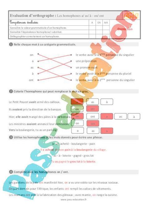 Les homophones a à as on ont au Cm1 Évaluation bilan PDF à