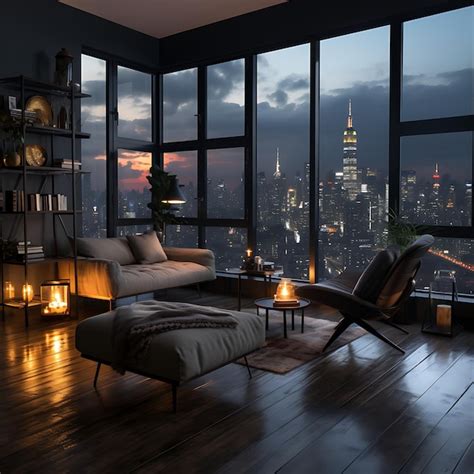 Premium Photo Cozy Apartment Living Room With Giant Windows To The City