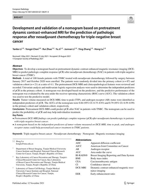 pdf development and validation of a nomogram based on pretreatment dynamic contrast enhanced