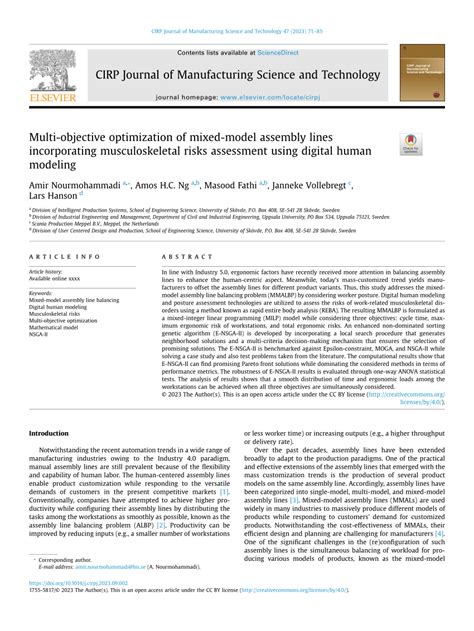 pdf multi objective optimization of mixed model assembly lines incorporating musculoskeletal