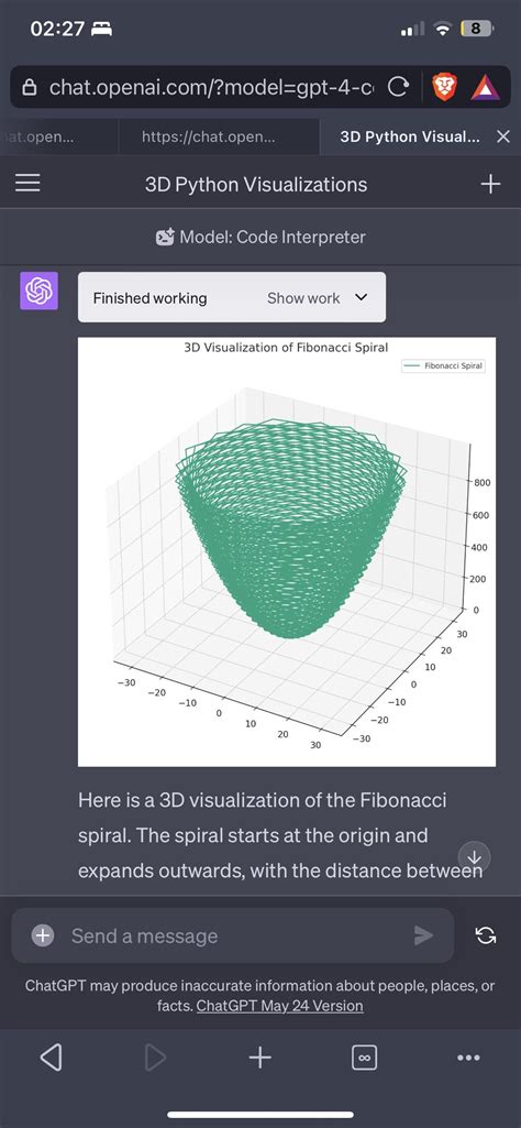 3d visualization of a fibonacci spiral r chatgpt