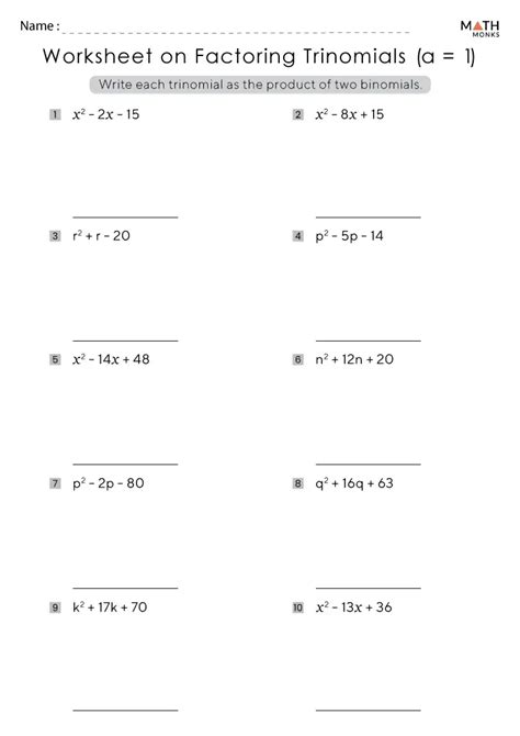 Factoring Trinomials Worksheets Math Monks
