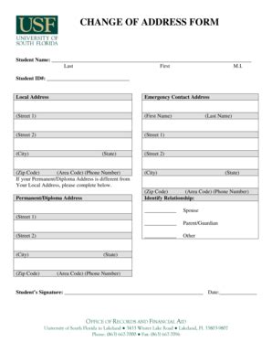 Fillable Online Usfweb2 Usf CHANGE OF ADDRESS FORM University Of