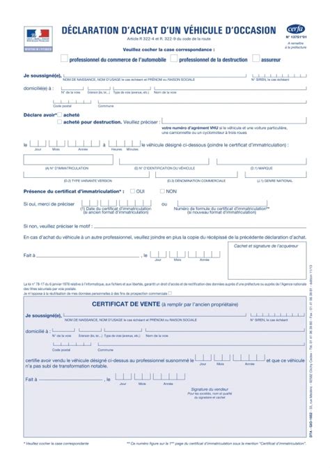 Cerfa 13751 01 Déclaration d achat d un véhicule d occasion aux normes