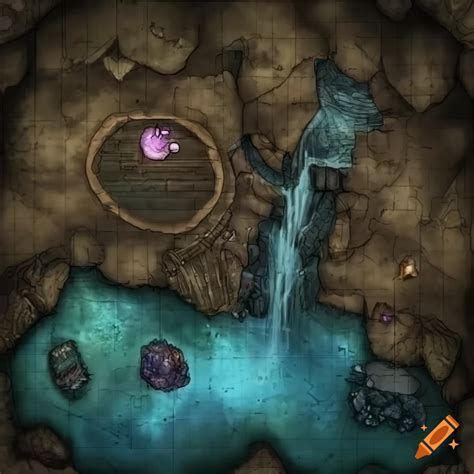 Top Down Fantasy Battle Map Of A Mine Cavern With Gemstones Dragon