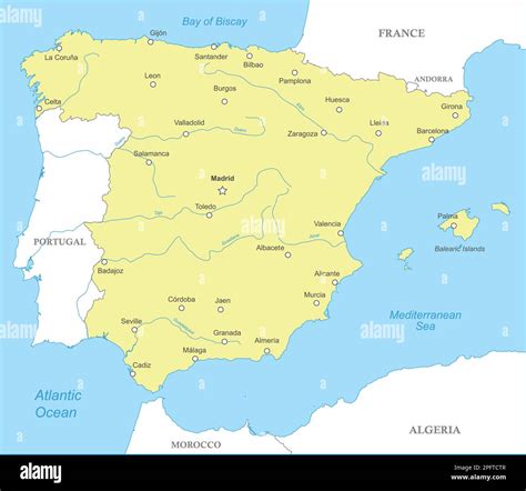 Mapa político de España con fronteras nacionales ciudades y ríos