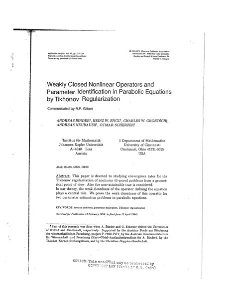 pdf weakly closed nonlinear operators and parameter identification in parabolic equations by