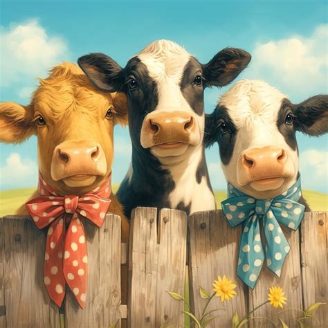 Three Cows Are Tied Up In A Fence With A Ribbon Tied Around Their Neck