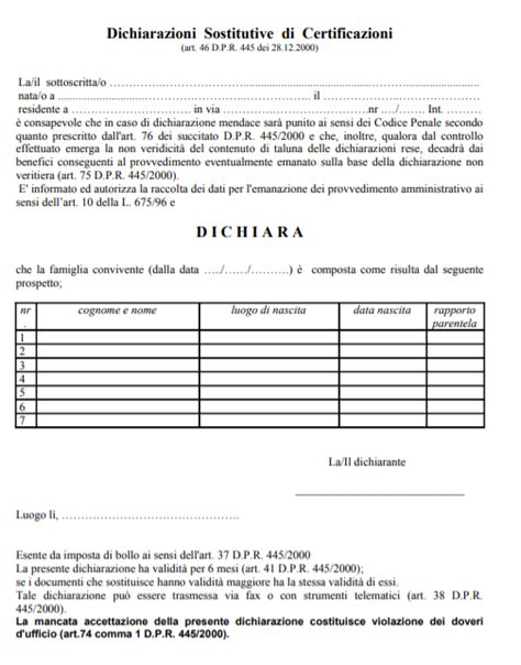 AUTOCERTIFICAZIONE STATO DI FAMIGLIA MODELLO WORD E PDF