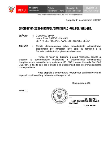 Oficio Nº 04 Solicita Remitir Orden DE Sanción PERU Ministerio del