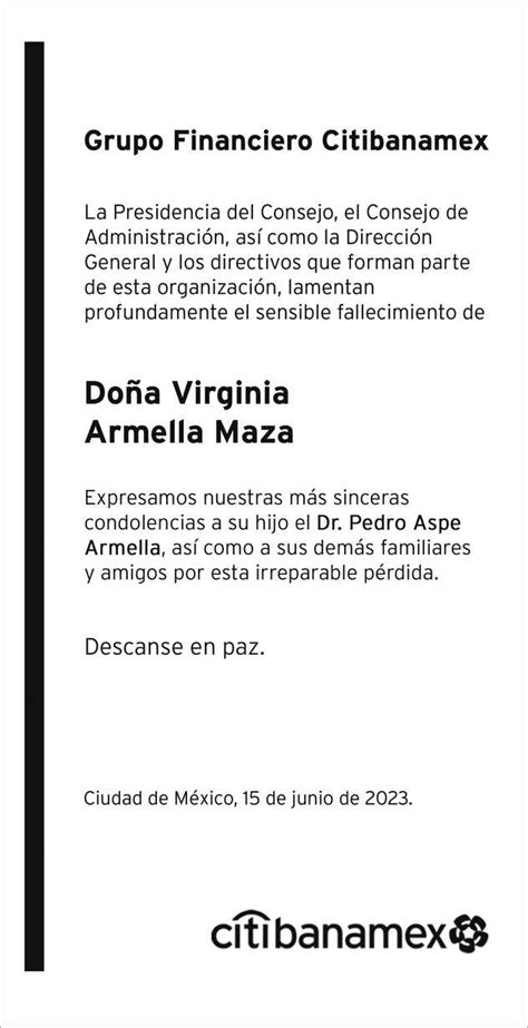 Señora Virginia Armella Maza Obituario Esquela