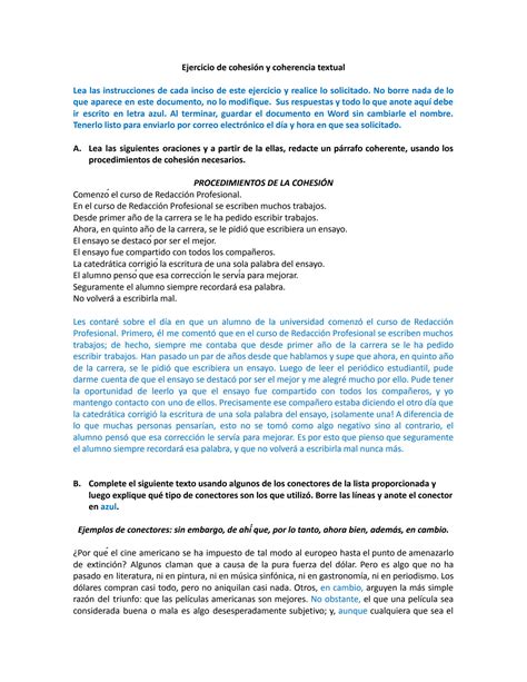 SOLUTION Ejercicio De Cohesi N Y Coherencia Textual Docx Studypool