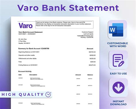 Varo Bank Statement Bank Template Editable Template Word Etsy