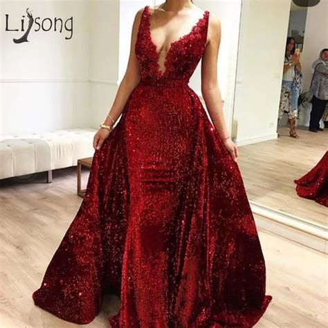 Sparkle Wine Red Mermaid Sequined Prom Dresses With Detachable Train