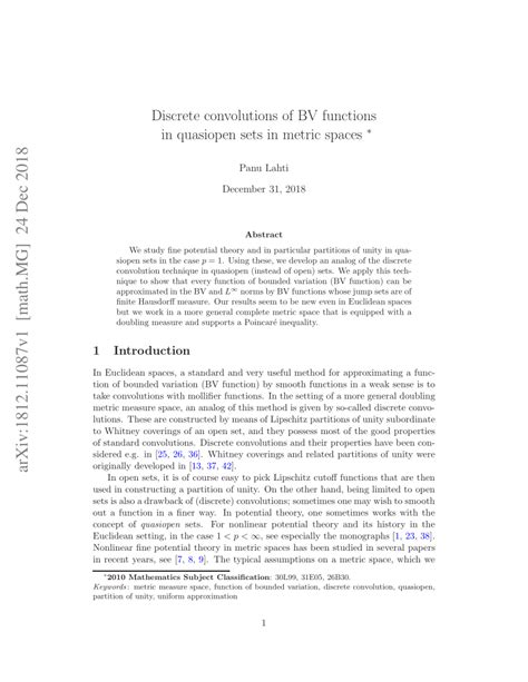 pdf discrete convolutions of bv functions in quasiopen sets in metric spaces
