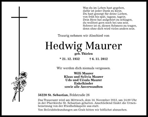 Traueranzeigen Von Hedwig Maurer Rz Trauer De