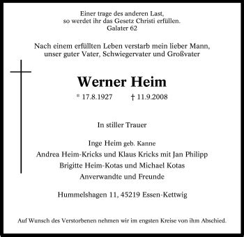 Traueranzeigen Von Werner Heim Trauer In NRW De