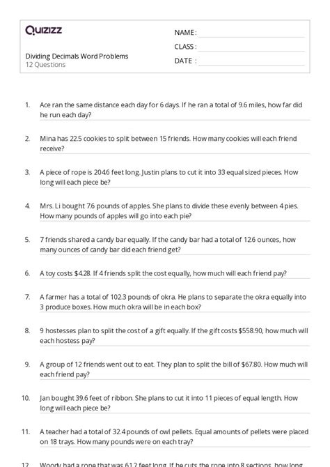 Dividing Decimals Worksheets For Th Grade On Quizizz Free