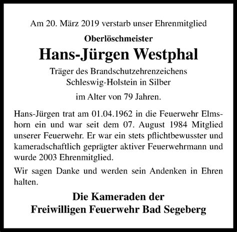 Traueranzeigen von Hans Jürgen Westphal trauer anzeigen de