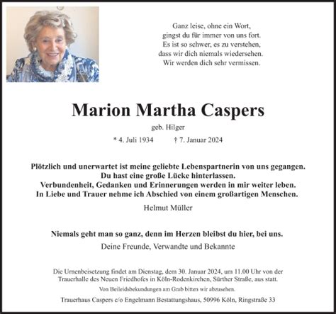 Traueranzeigen Von Marion Martha Caspers WirTrauern