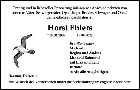 Traueranzeigen Von Horst Ehlers Sh Z Trauer