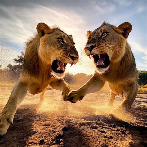 Los leones están peleando en la tierra entre sí generativa ai Foto