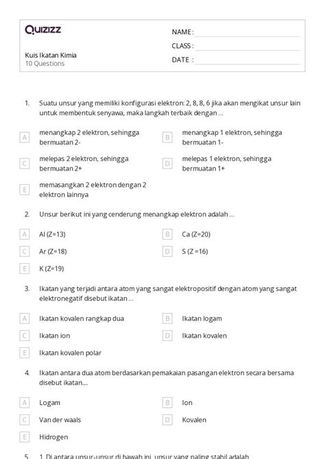 50 Lembar Kerja Ikatan Kimia Untuk Kelas 12 Di Quizizz Gratis