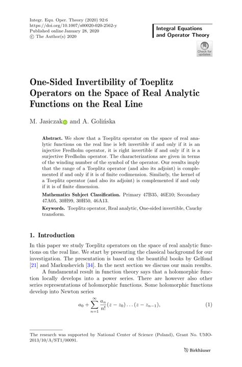 pdf one sided invertibility of toeplitz operators on the space of real analytic functions on