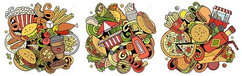 Fastfood Cartoon Vector Doodle Designs Set American Cartoon Sandwich