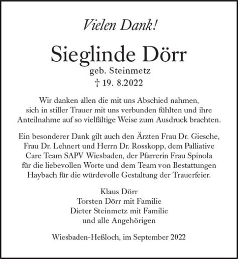 Traueranzeigen von Sieglinde Dörr vrm trauer de