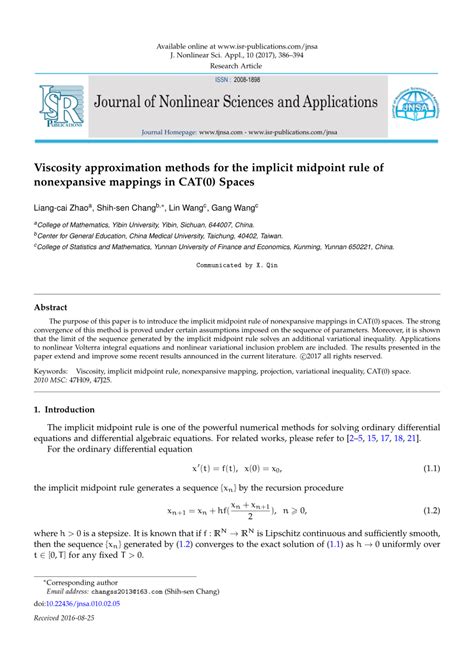 pdf viscosity approximation methods for the implicit midpoint rule of nonexpansive mappings in