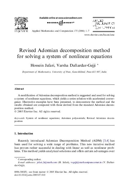 pdf revised adomian decomposition method for solving a system of nonlinear equations hossein