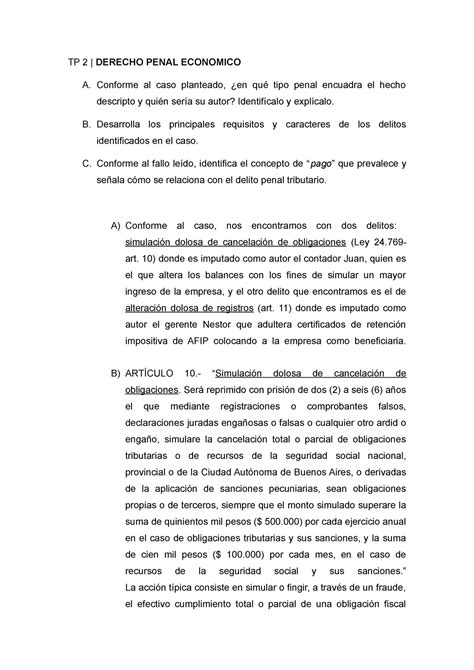 TP 2 Derecho Penal Economico TP 2 DERECHO PENAL ECONOMICO A