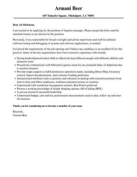 Logistics Manager Cover Letter