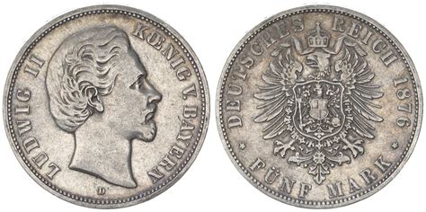 Deutsches Kaiserreich Bayern 5 Mark 1876 D Ludwig II VF MA Shops