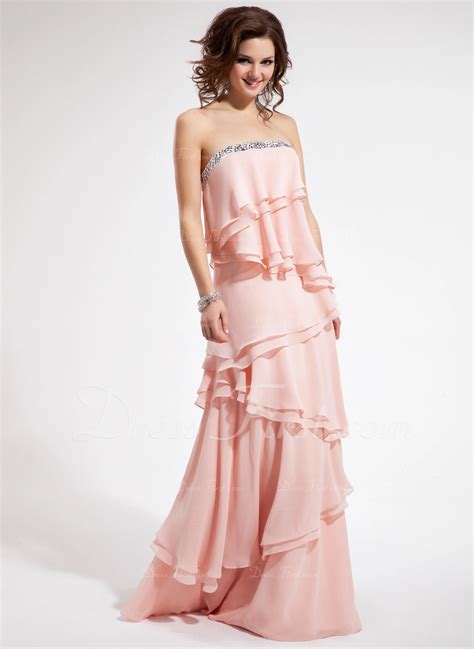 A Line Princess Strapless Floor Length Chiffon Prom Dresses With