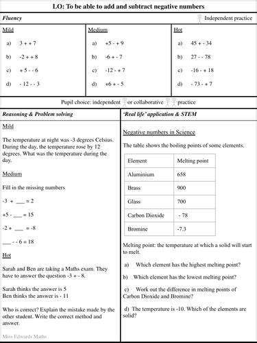 adding and subtracting negative numbers worksheet teaching resources