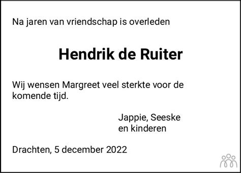 Hendrik De Ruiter 05 12 2022 Overlijdensbericht En Condoleances