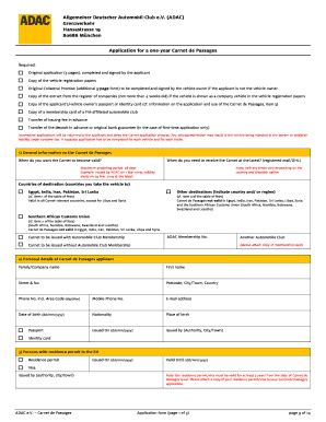 Fillable Online Application For A One Year Carnet De Passages Adac