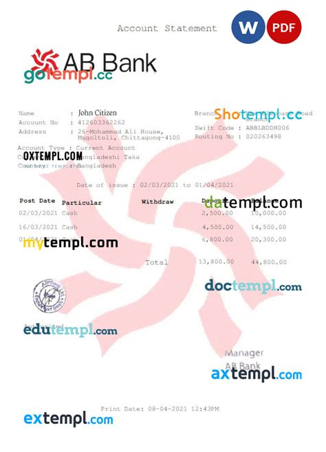 BANGLADESH AB Bank Statement Word And PDF Template