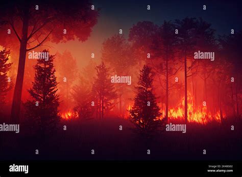 El árbol del bosque devorado fuego llamas queman humo ilustración 3d