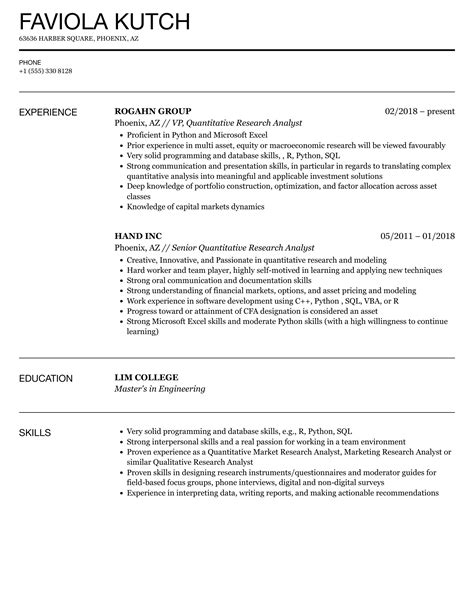 Quantitative Research Analyst Resume Samples Velvet Jobs