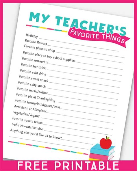 3 Teacher Favorite Things Printable Questionnaires For Teacher Gifts