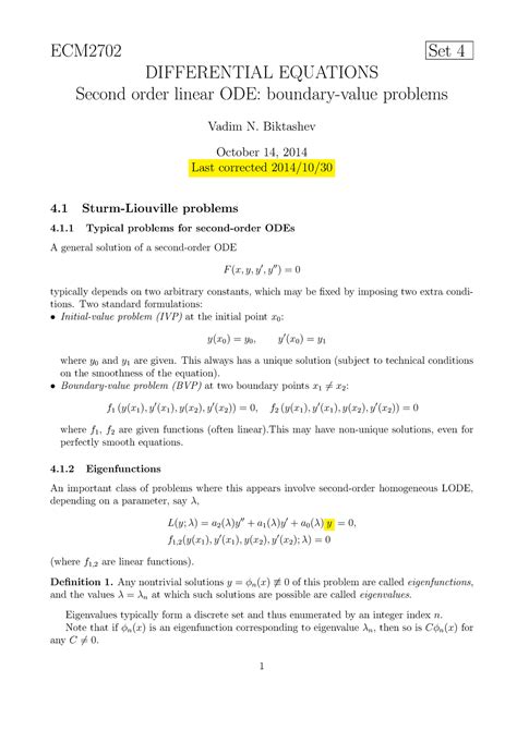 ecm2702 2014 2015 lecture notes 4 second order linear ode boundary value problems ecm2702
