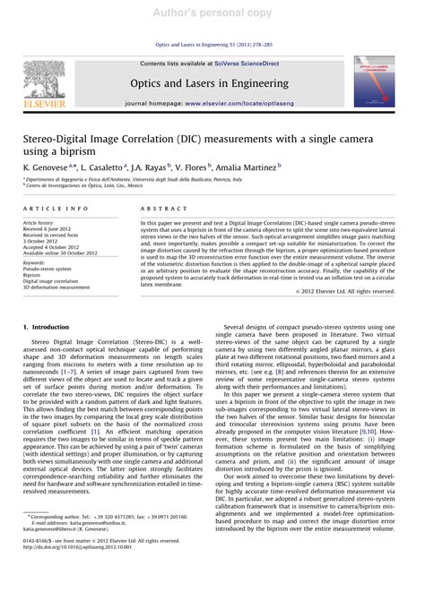 pdf stereo digital image correlation dic measurements with a single camera using a biprism