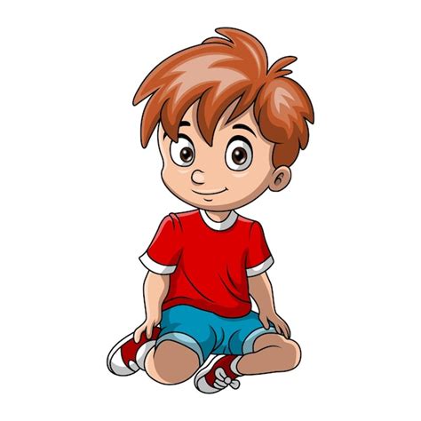 Un niño feliz de dibujos animados sentado Vector Premium