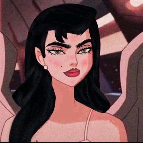 An Animated Image Of A Woman With Long Black Hair And Big Eyes Wearing