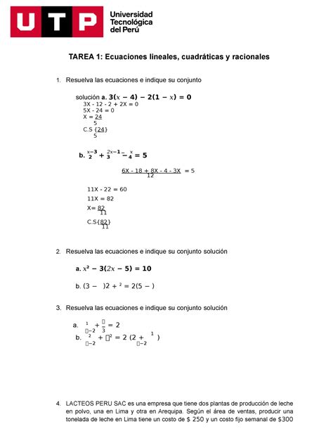 Separata De Ejercicios Semana 1 TAREA 1 Ecuaciones Lineales