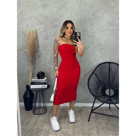 Vestido Midi Feminino Tomara Que Caia Anarruga Tubinho Bojo Colado