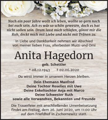 Traueranzeigen Von Anita Hagedorn Abschied Nehmen De